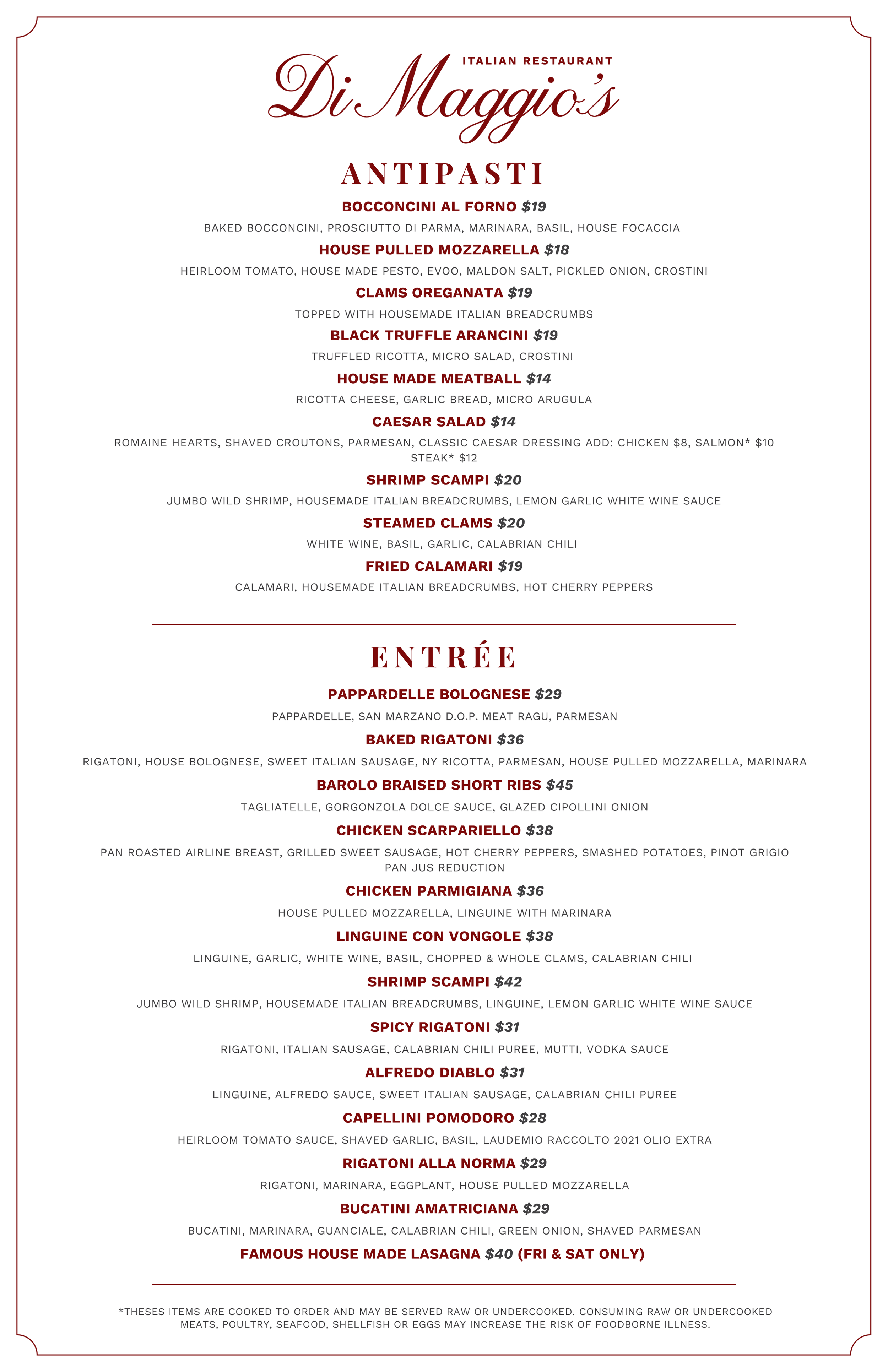 Menu for DiMaggio's Italian Restaurant, Scottsdale, AZ - Restaurantji