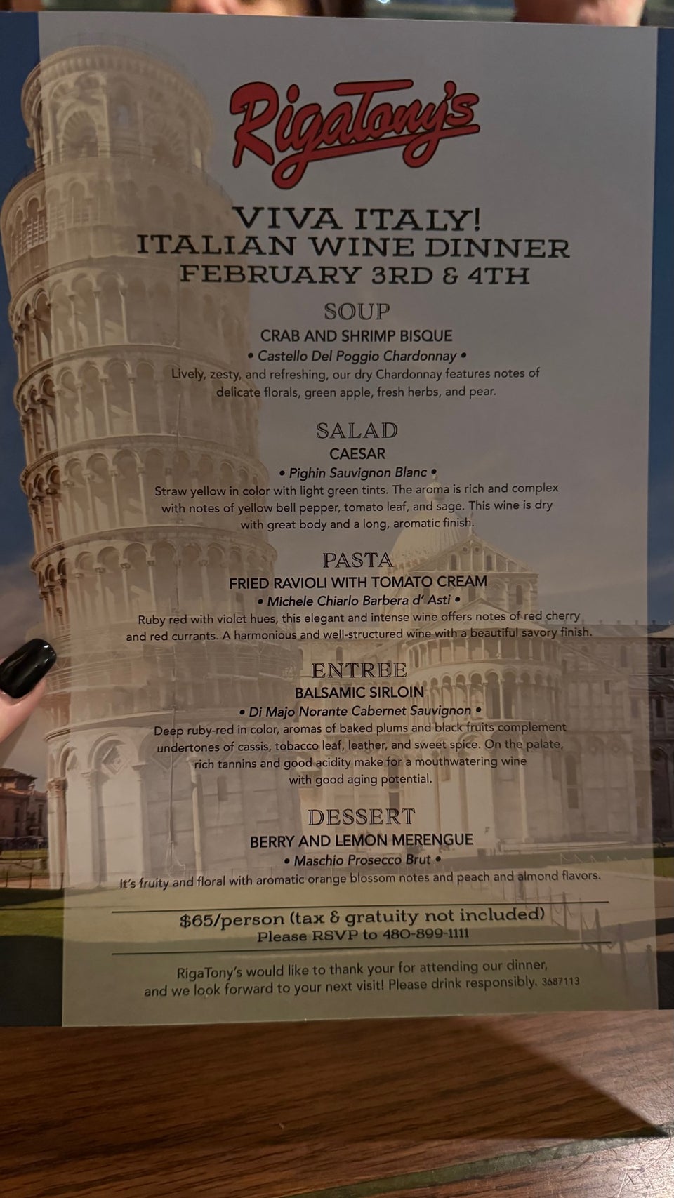 Menu for RigaTony's Authentic Italian Restaurant, Tempe, AZ - Restaurantji