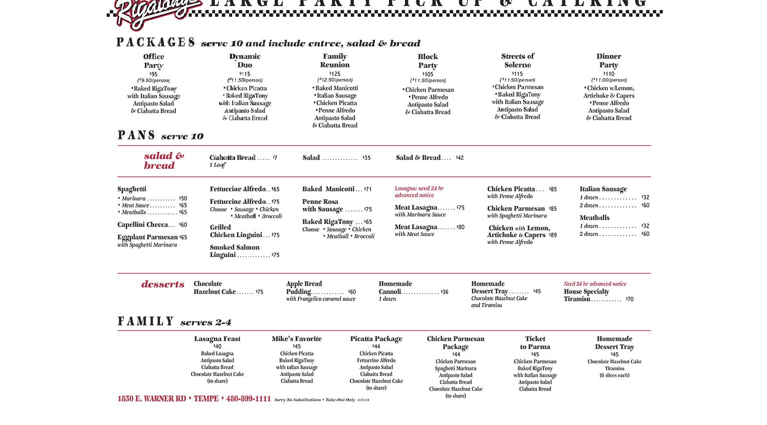 Menu for RigaTony's Authentic Italian Restaurant, Tempe, AZ - Restaurantji