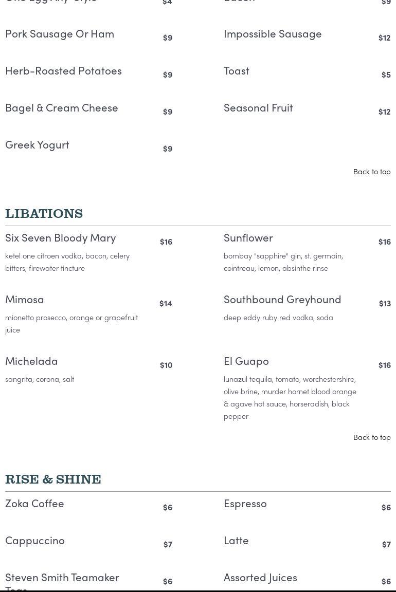 Menu for Six Seven Restaurant, Seattle, WA - Restaurantji