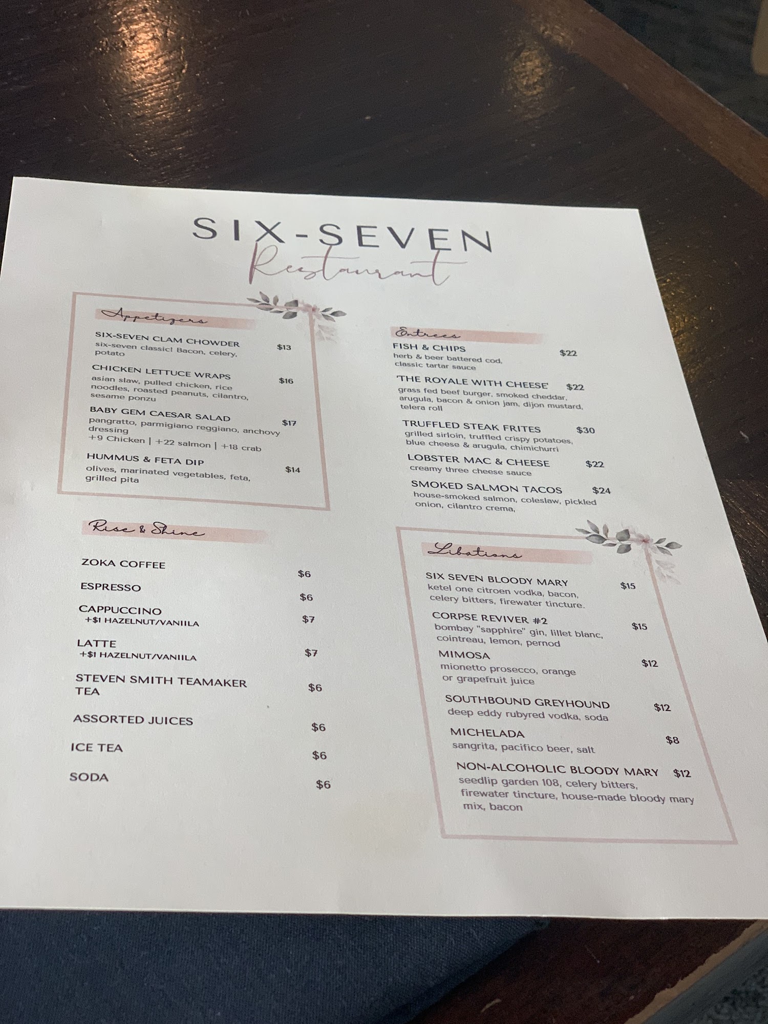Menu for Six Seven Restaurant, Seattle, WA - Restaurantji