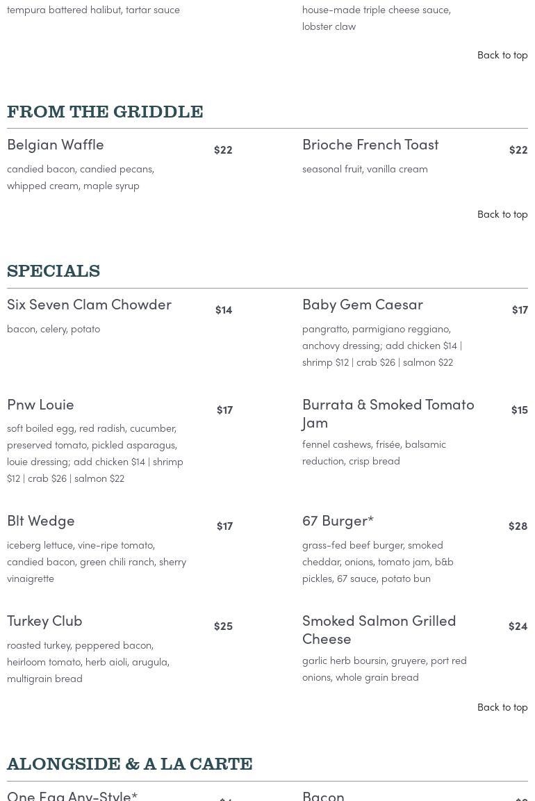 Menu for Six Seven Restaurant, Seattle, WA - Restaurantji